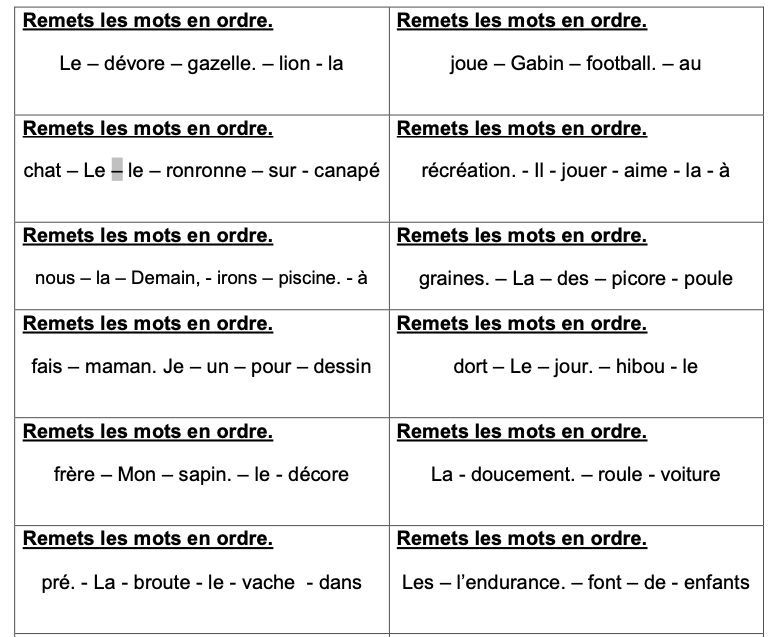 Grammaire CP - Remettre les mots en ordre - Chez LocaZil